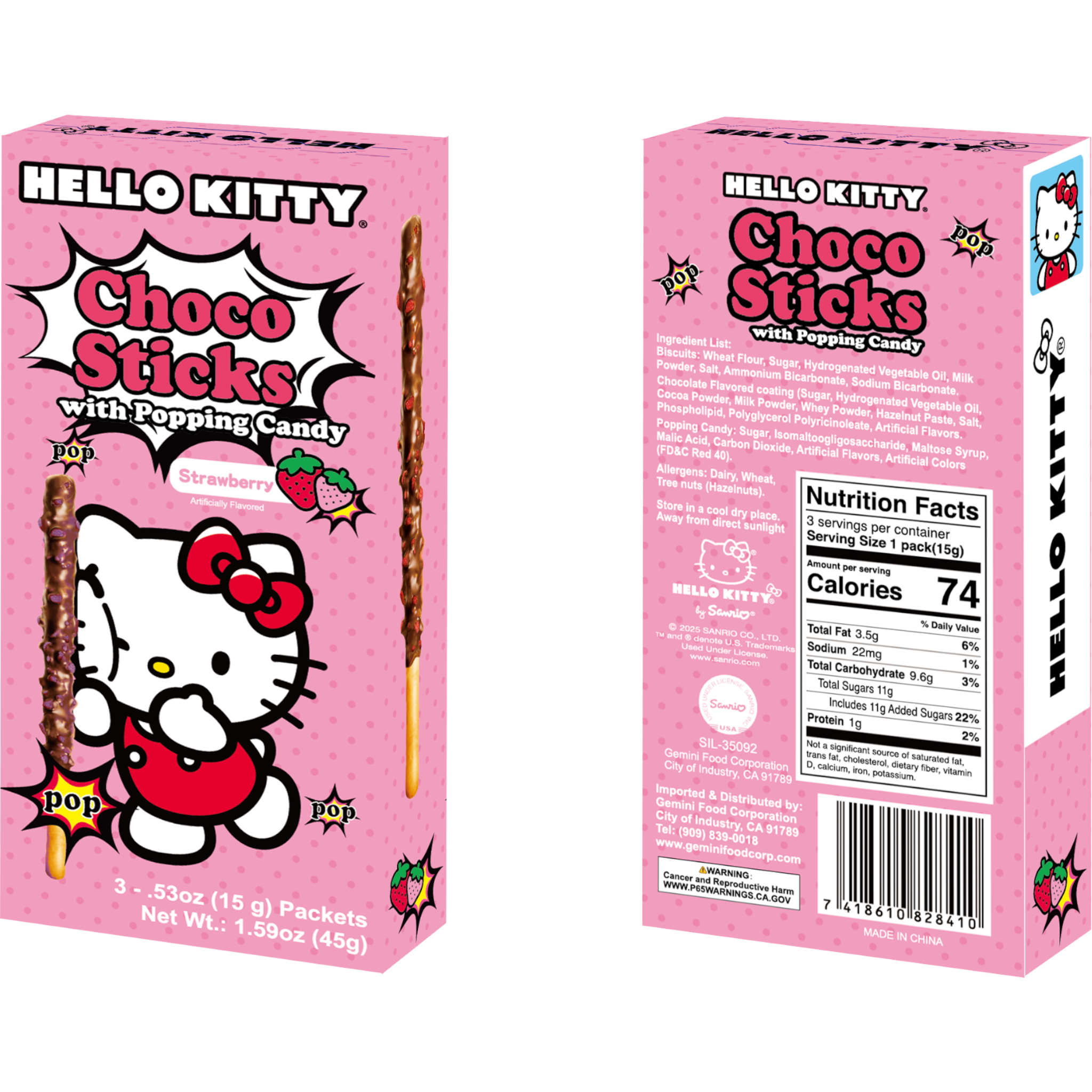 Sanrio Hello Kitty Choco Sticks with Popping Candy Strawberry 8 Count ...