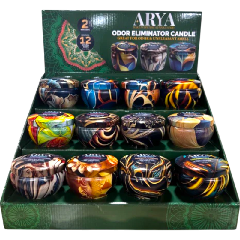 Arya Odor Eliminating Candle Display 12 Count | Cow Crack Wholesale