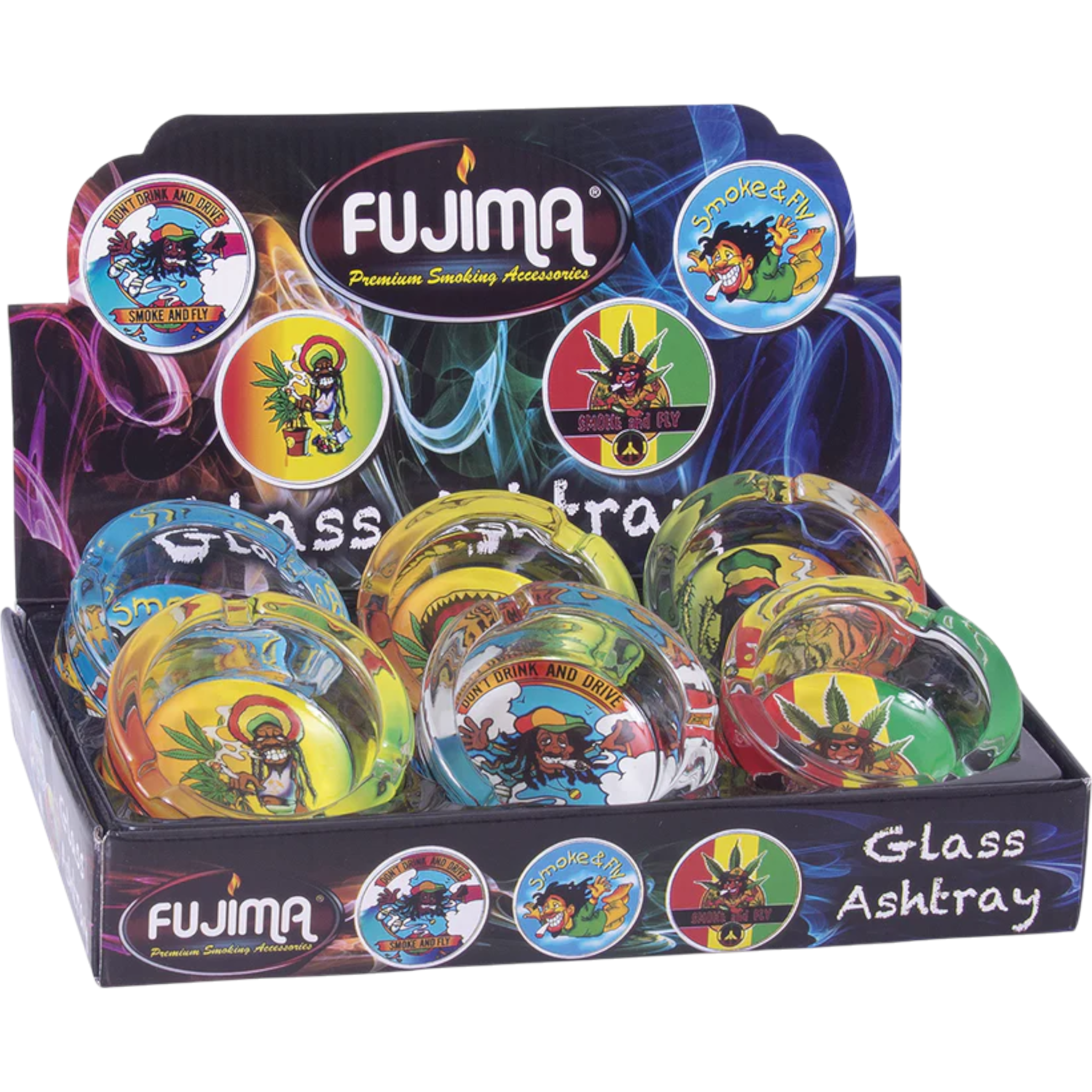 Fujima Rasta and Jamaican Glass Ashtray 6 Count | Cow Crack Wholesale